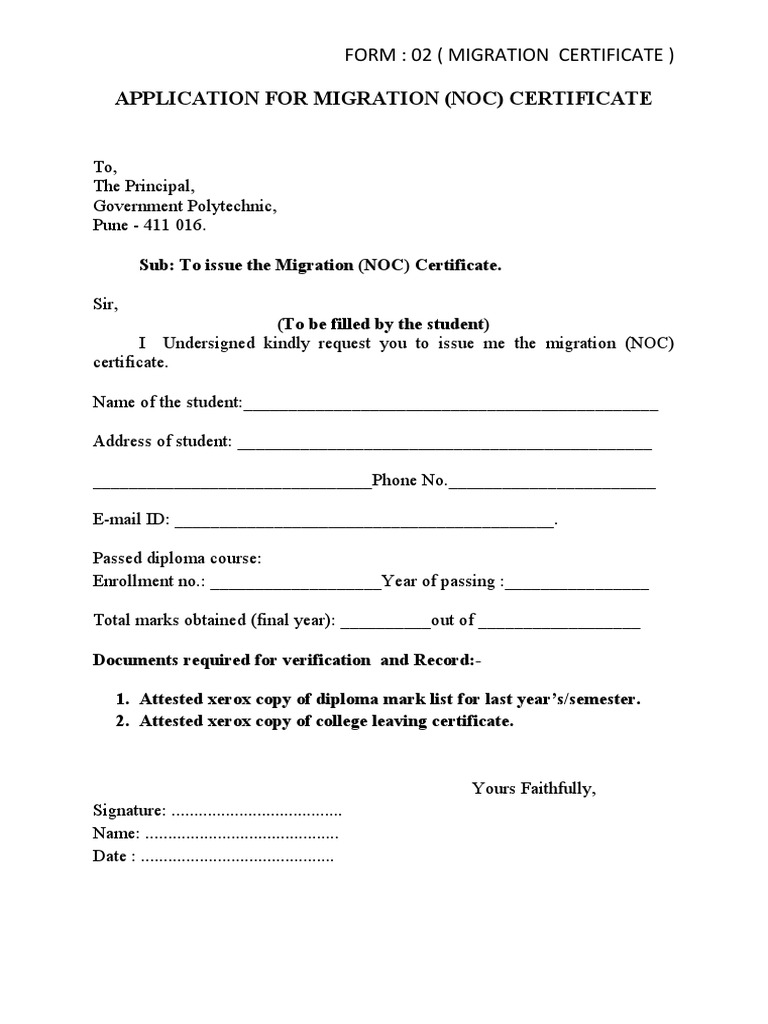 Application For Migration Certificate | PDF