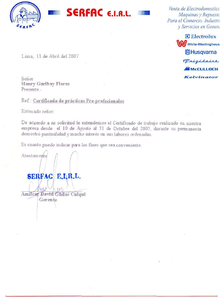 Certificado Serfac 10-2005 | PDF