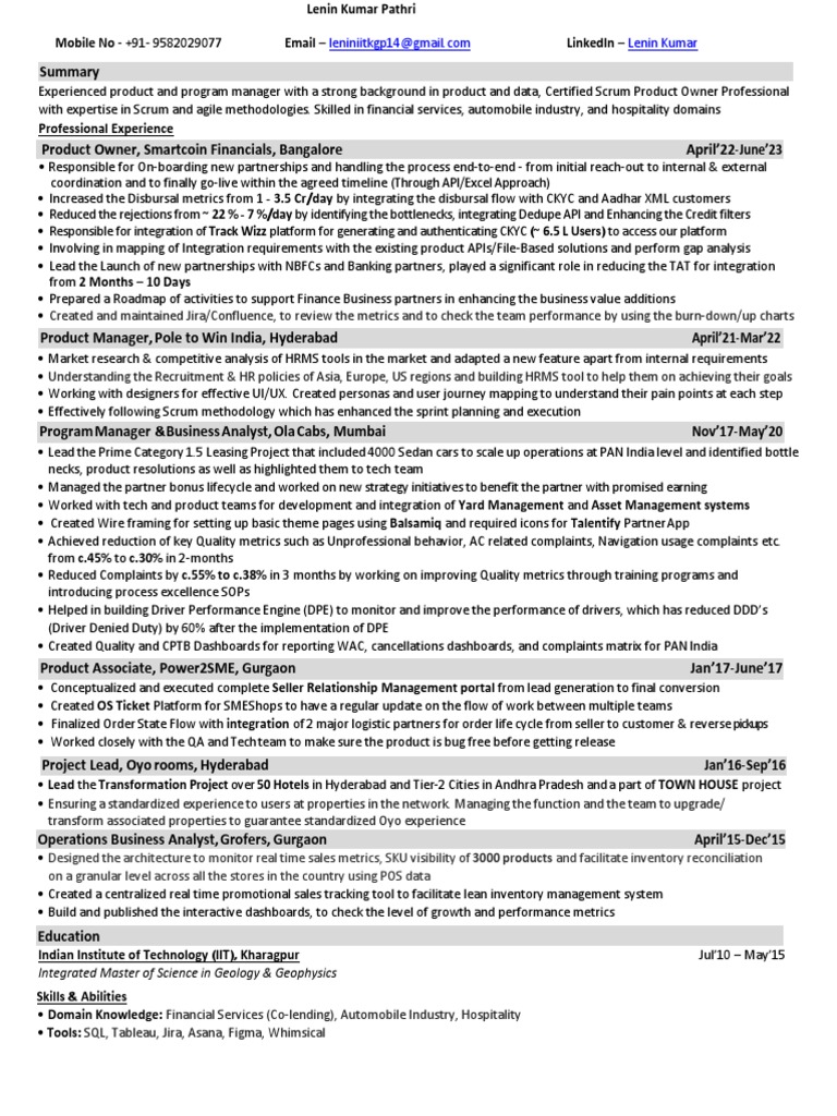 Lenin Kumar Pathri - CV (PO) | PDF | Scrum (Software Development) | Computing