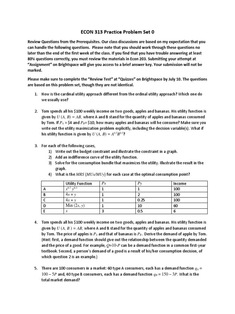 ECON 313 Practice Problem Set 0 | PDF | Supply (Economics) | Utility
