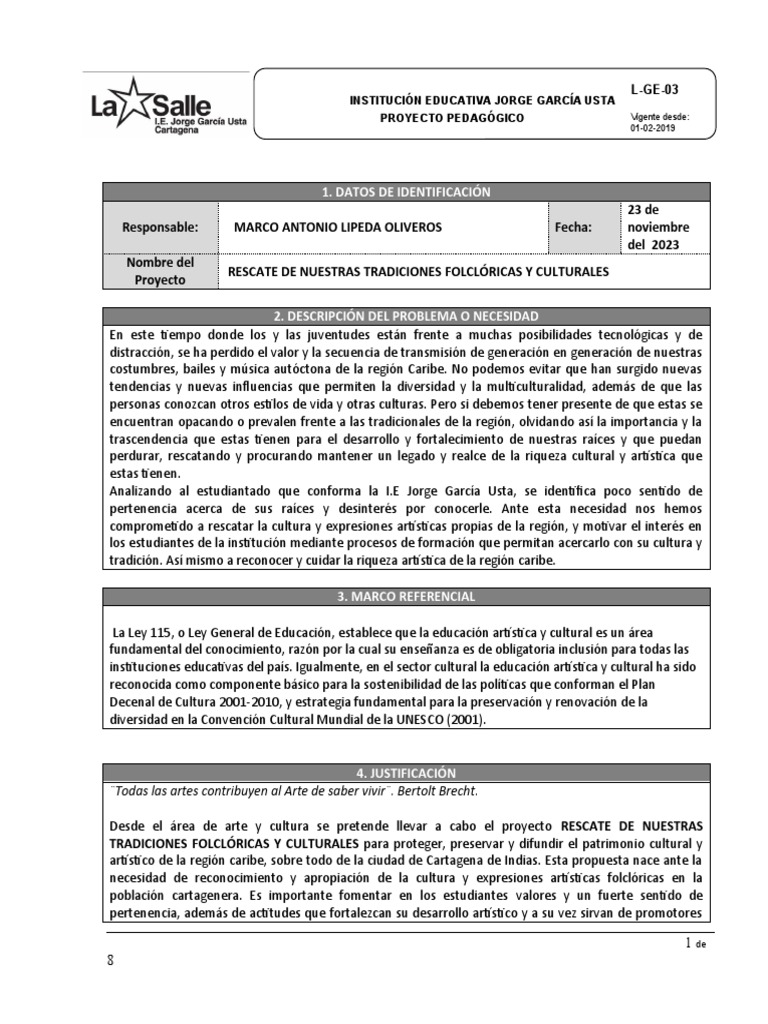 Proyecto de Aula Arte y Cultura 2023 | PDF | Bailes | Folklore