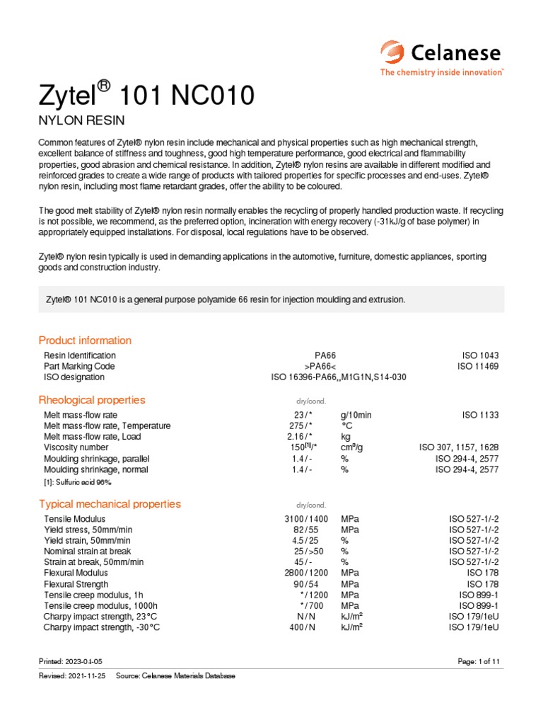 Zytel® 101 NC010-gb | PDF | Ethanol | Deformation (Engineering)
