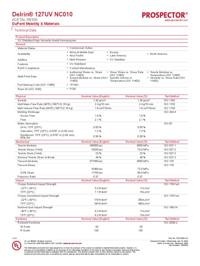 Delrin® 127UV NC010 | PDF | Shear Stress | Young's Modulus
