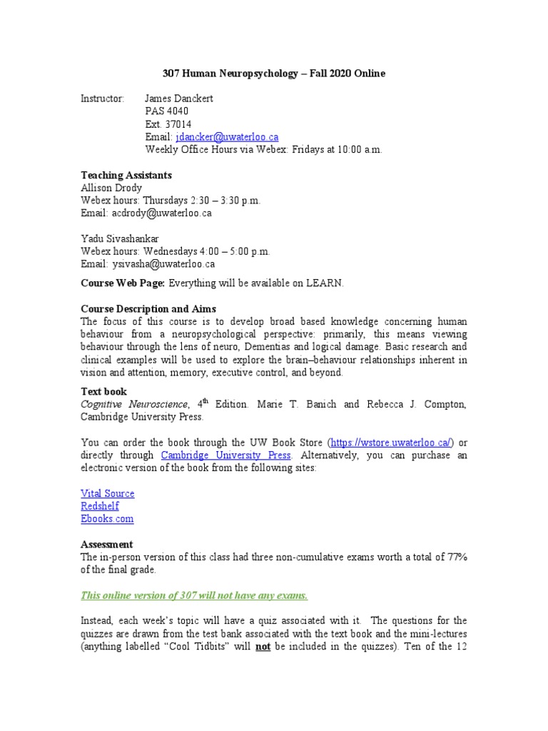 307 Course Outline Fall 2020 Online (1) | PDF | Science | Psychology