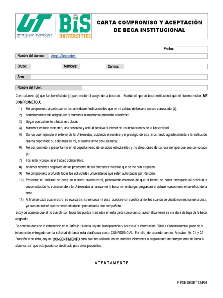 Carta Compromiso y Aceptación de Beca | PDF