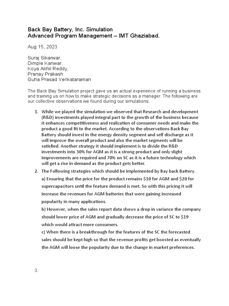 Group25-Back Bay Battery-Report | PDF | Investing | Research And Development