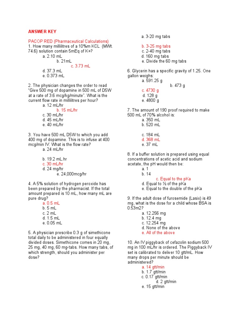 Pharmaceutical Calculations Answer Key-RED PACOP | PDF | Mass ...