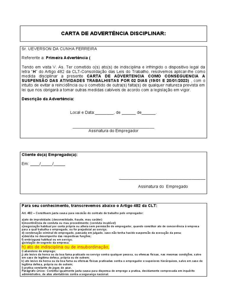 Advertência Disciplinar por Indisciplina | PDF | Direito Comum | Justiça