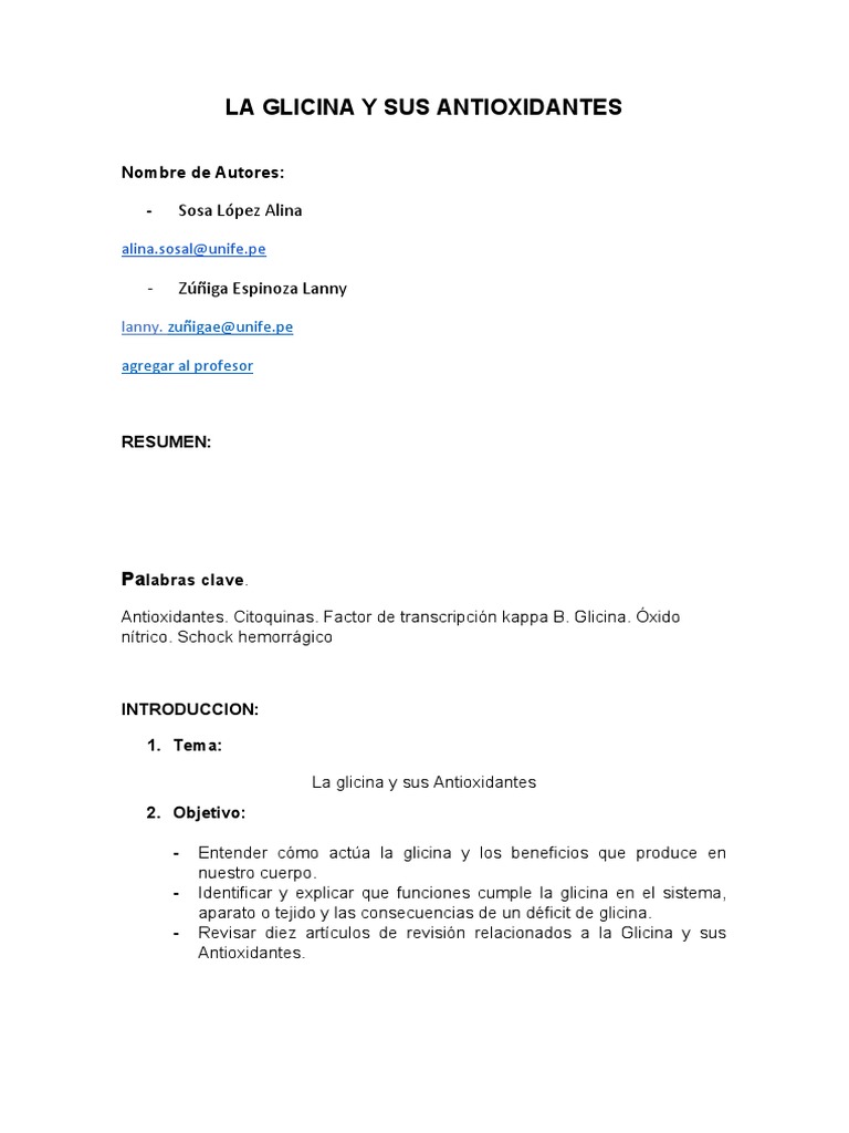 Glicina: Beneficios y Funciones Antioxidantes | PDF | Antioxidante ...