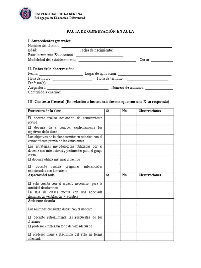 Pauta de Observación en Aula | PDF | Maestros | Salón de clases
