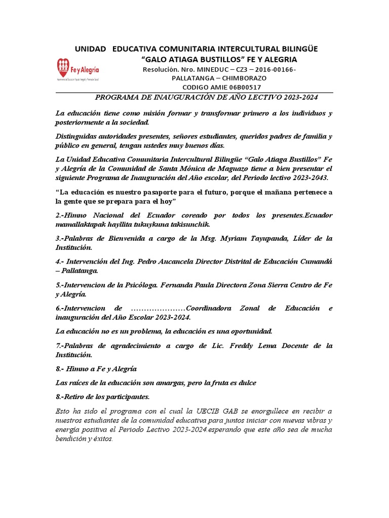 Programa Inauguracion Año Escolar | PDF