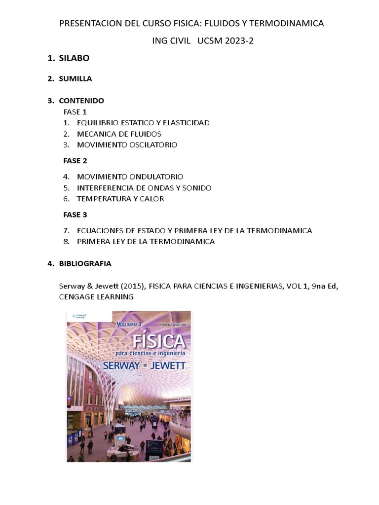 Presentacion Del Curso Fisica Fluidos y Termodinamica Ing Civil Ucsm 2023-2 | PDF