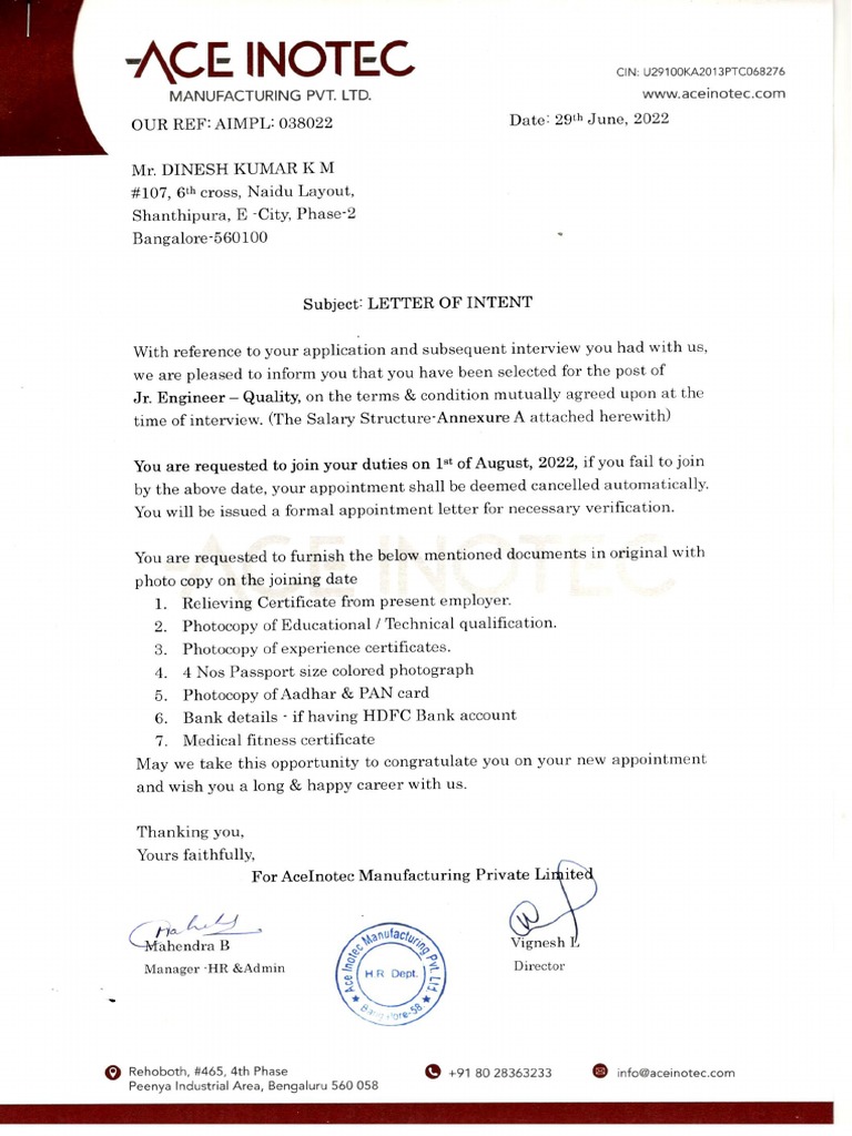 041 Offer Letter Dinesh Quality | PDF