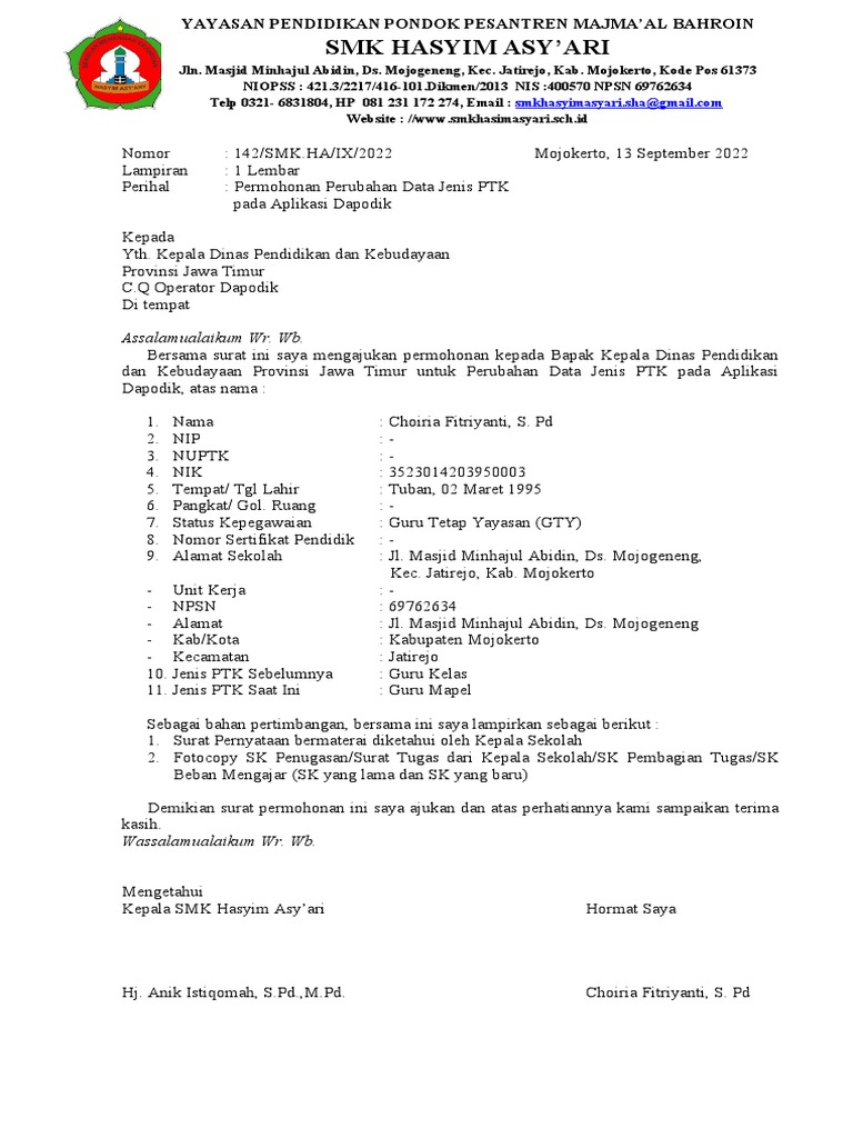 Surat Permohonan Pengajuan Edit PTK | PDF