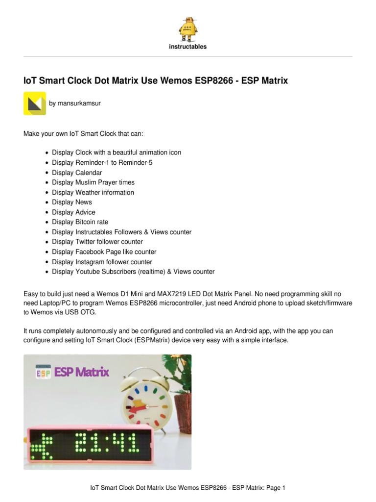 IoT Smart Clock Dot Matrix Use Wemos ESP8266 ESP M | PDF | Android ...