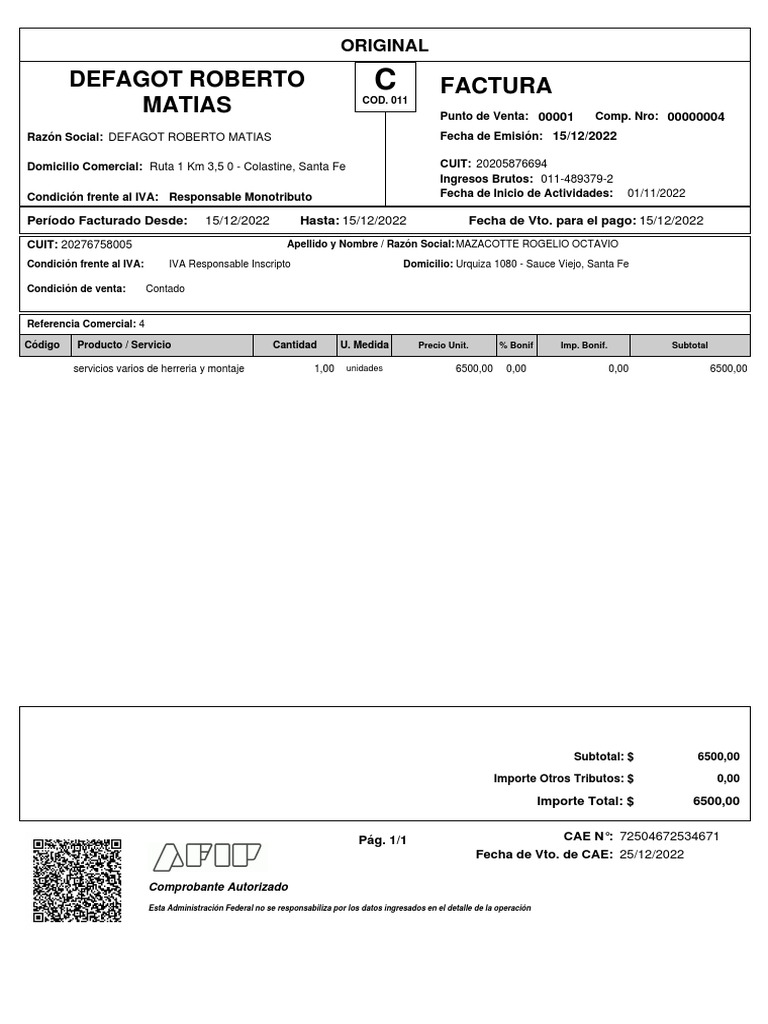 Defagot Roberto Matias Factura: Original | PDF | Finanzas y dinero