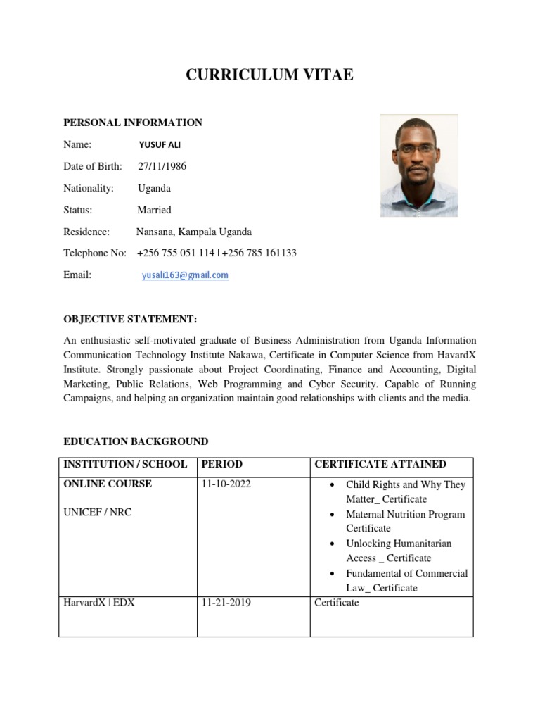 Yusuf Ali Curriculum Vitae | PDF | Public Relations | Uganda