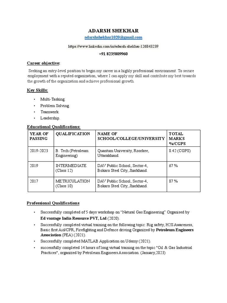 Adarsh Shekhar CV New | PDF