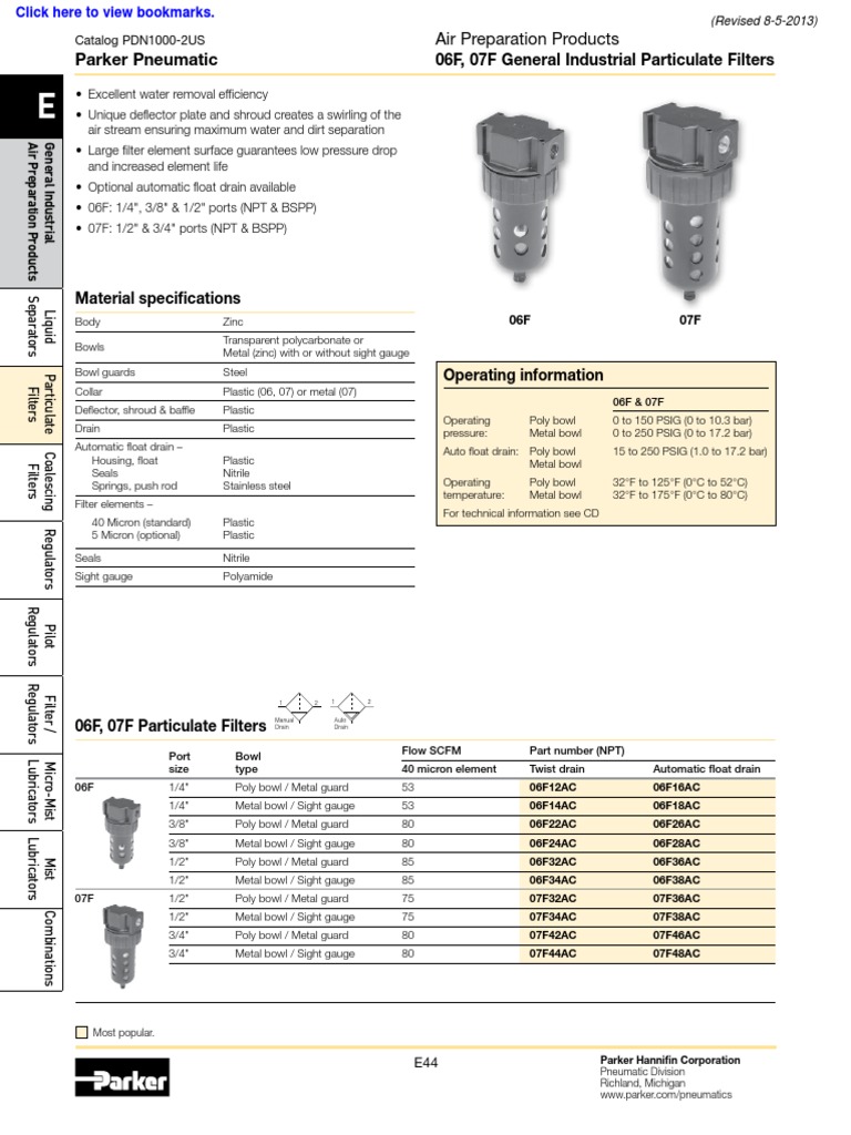 Parker Pneumatic 06F, 07F General Industrial Particulate Filters | PDF ...