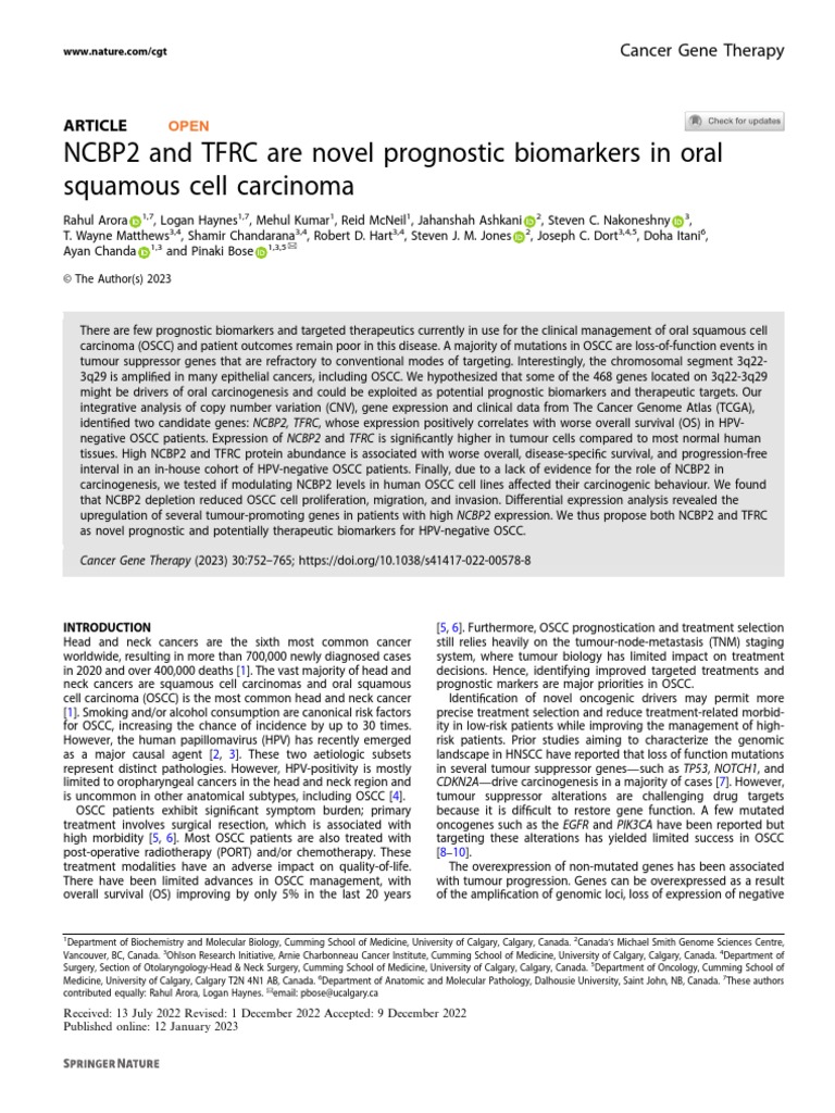 NCBP2 and TFRC Are Novel Prognostic Biomarkers in Oral Squamous Cell Carcinoma | PDF | Head And ...