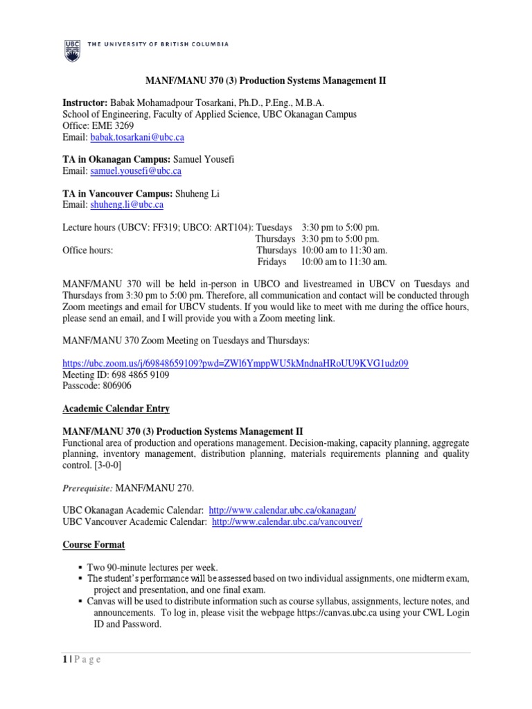 Course Syllabus, MANF-MANU 370 | PDF | Plagiarism | Academic Integrity