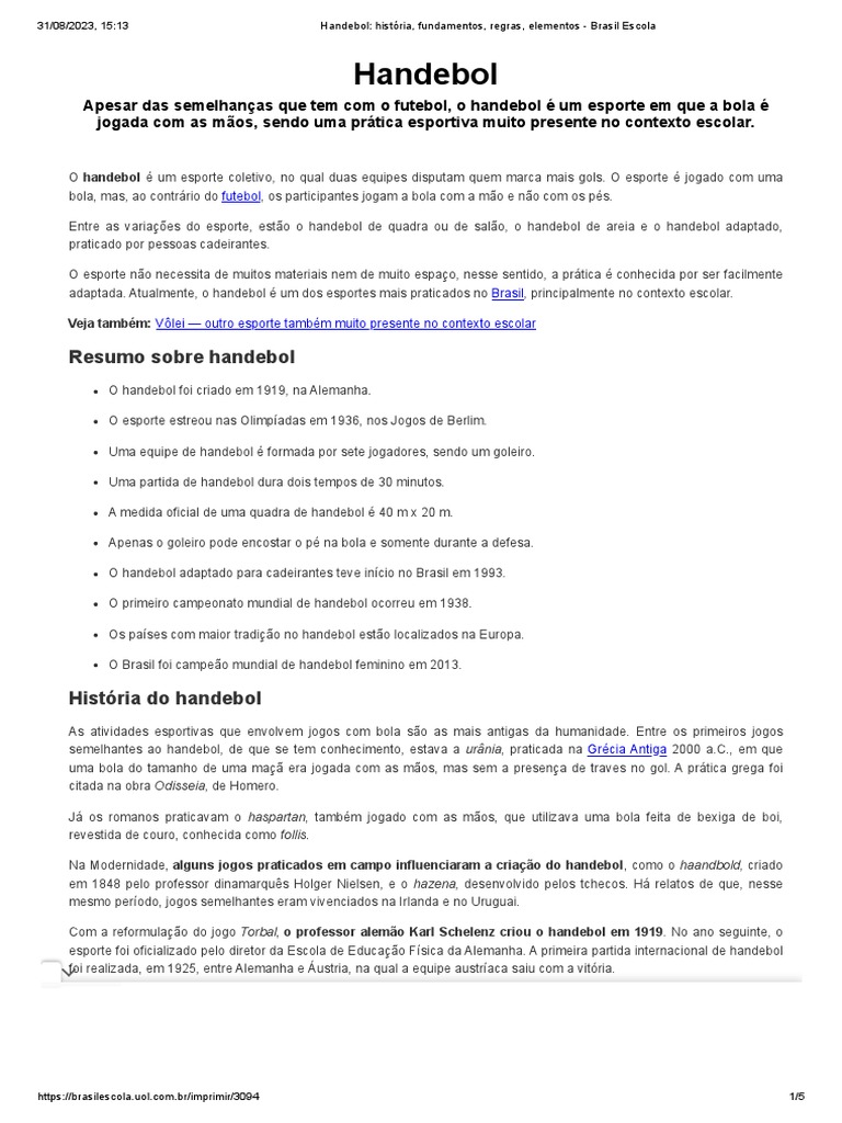 História e Regras do Handebol no Brasil | PDF | Futebol | Esportes