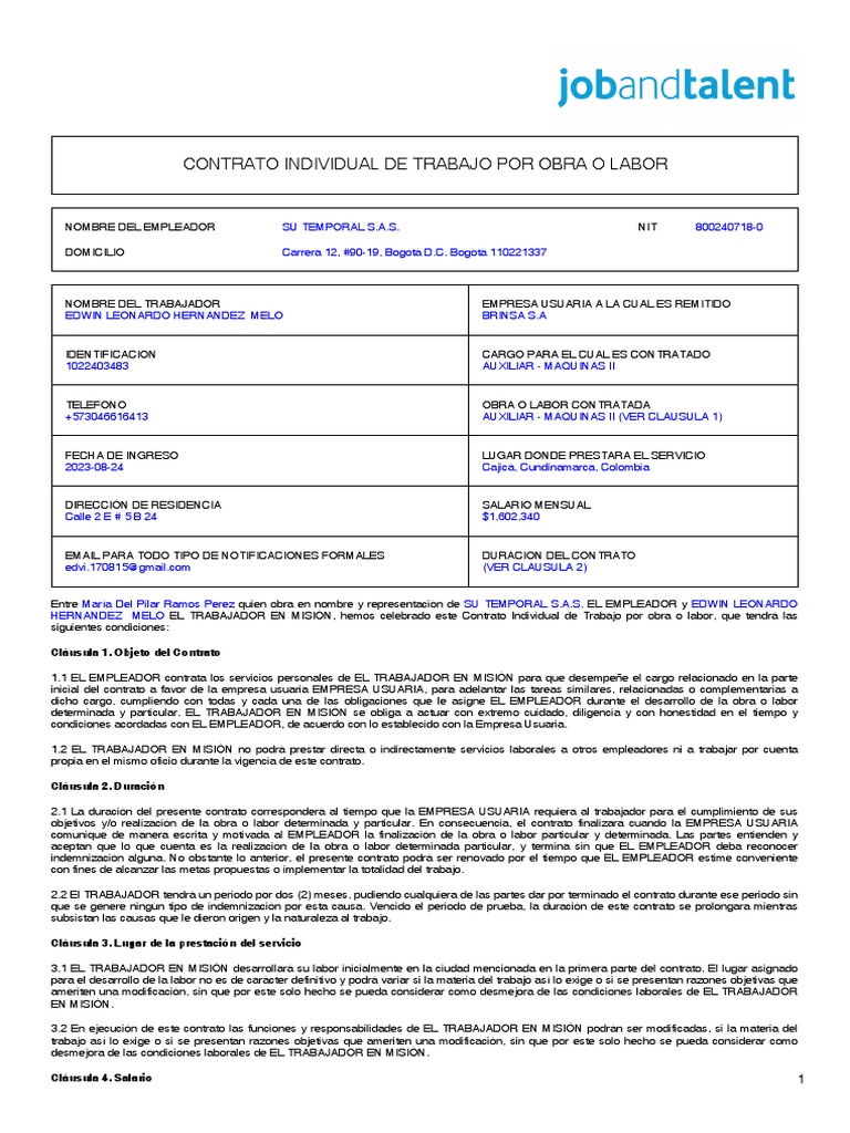 Contrato de Trabajo: Brinsa S.A. | PDF | Salario | Derecho laboral