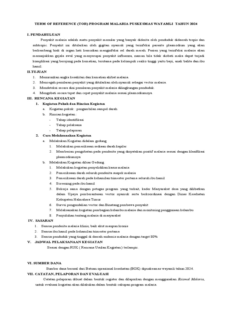 TOR Program Malaria Puskesmas 2024 | PDF