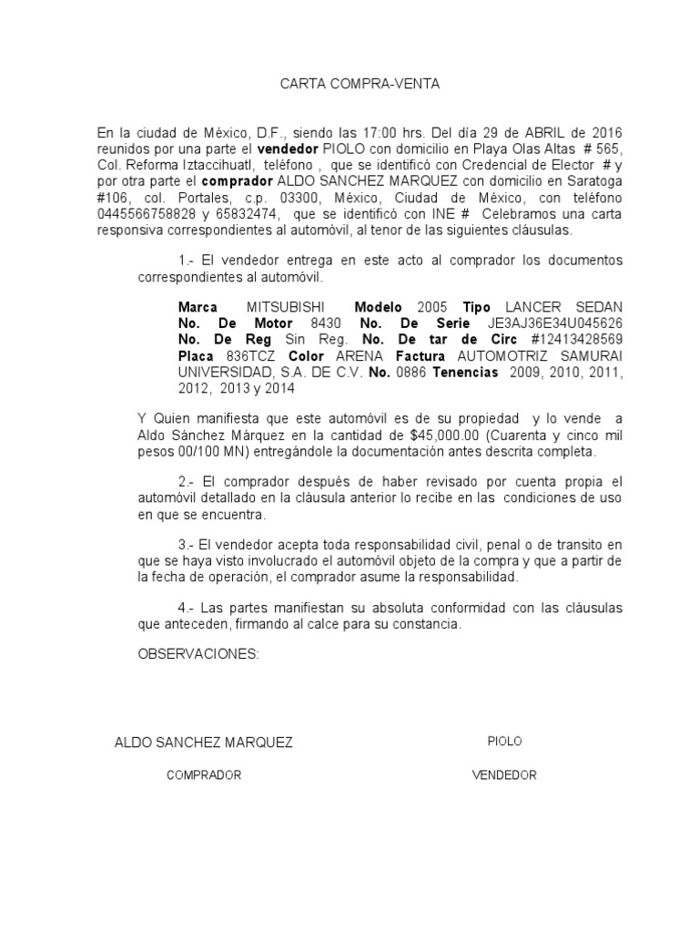 Carta Compra Venta | PDF