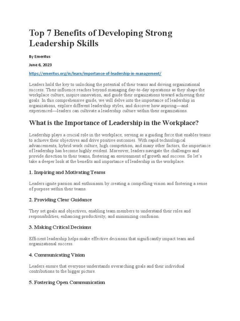 Top 7 Benefits of Developing Strong Leadership Skills | PDF ... Top 7 Benefits of Developing Strong Leadership Skills | PDF ...