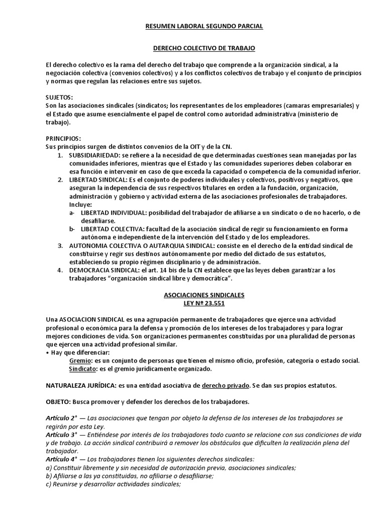 Resumen Laboral Segundo Parcial | PDF | Sindicato | Derecho laboral