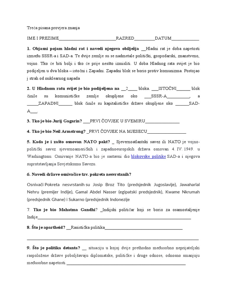 POVIJEST Test 2. Razredi | PDF