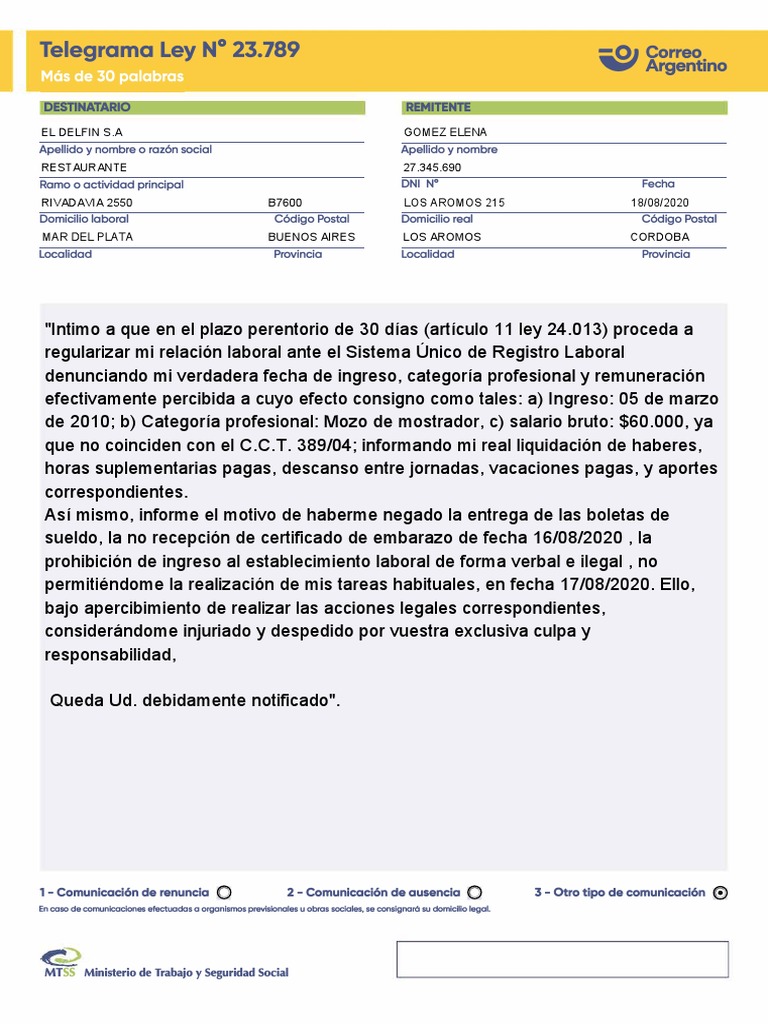 Telegrama Ley N 23.789: Destinatario Remitente | PDF | Salario | Gobierno