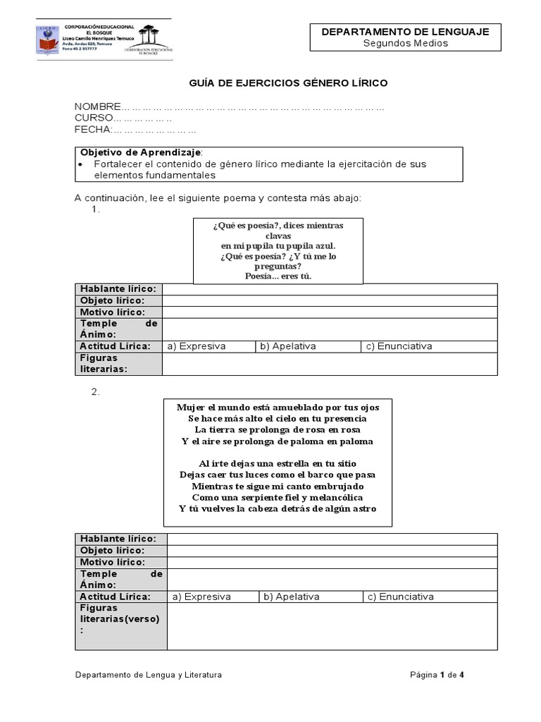 Ejercicios sobre el Género Lírico | PDF | Poesía