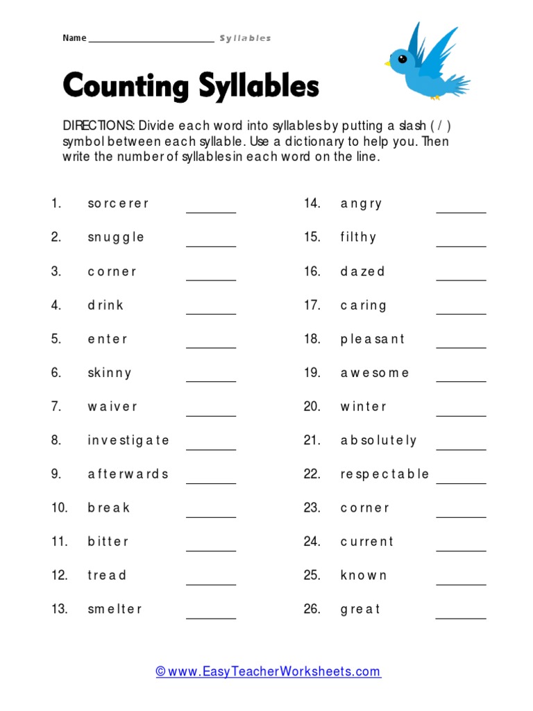 Counting Syllables: DIRECTIONS: Divide Each Word Into Syllables by ...