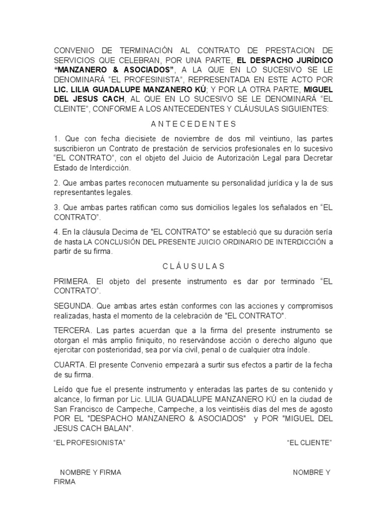 Convenio de Terminación Al Contrato de Prestacion de Servicios Que Celebran | PDF