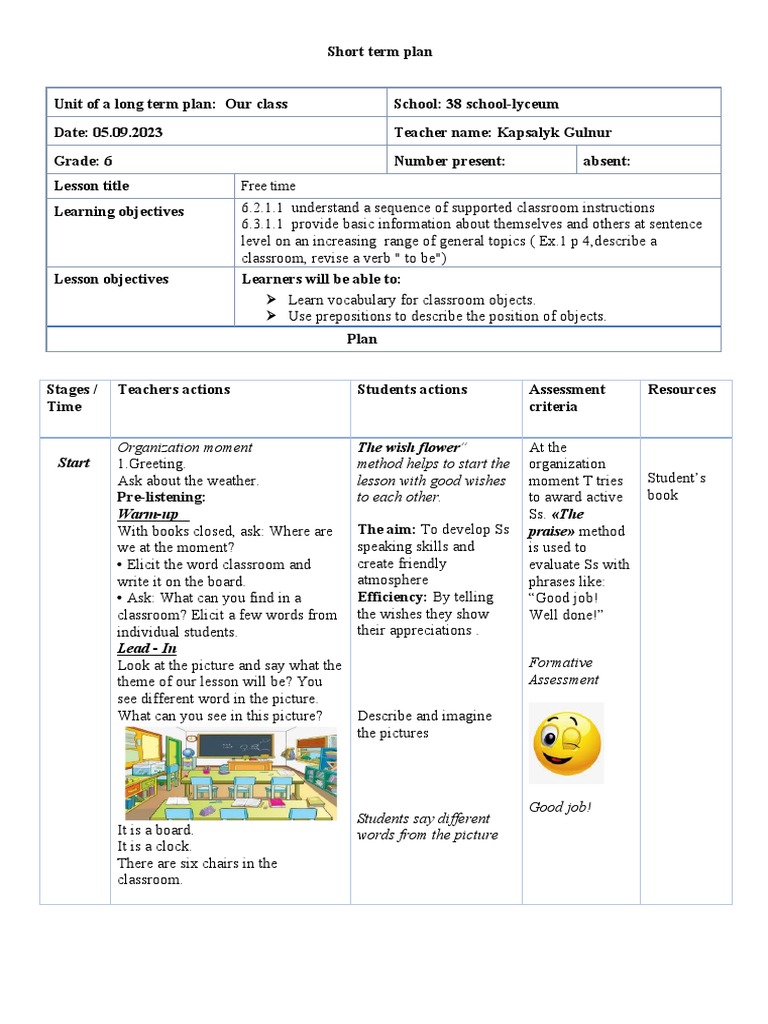 Short Term Plan 1. 6 Grade | PDF | Communication | Learning