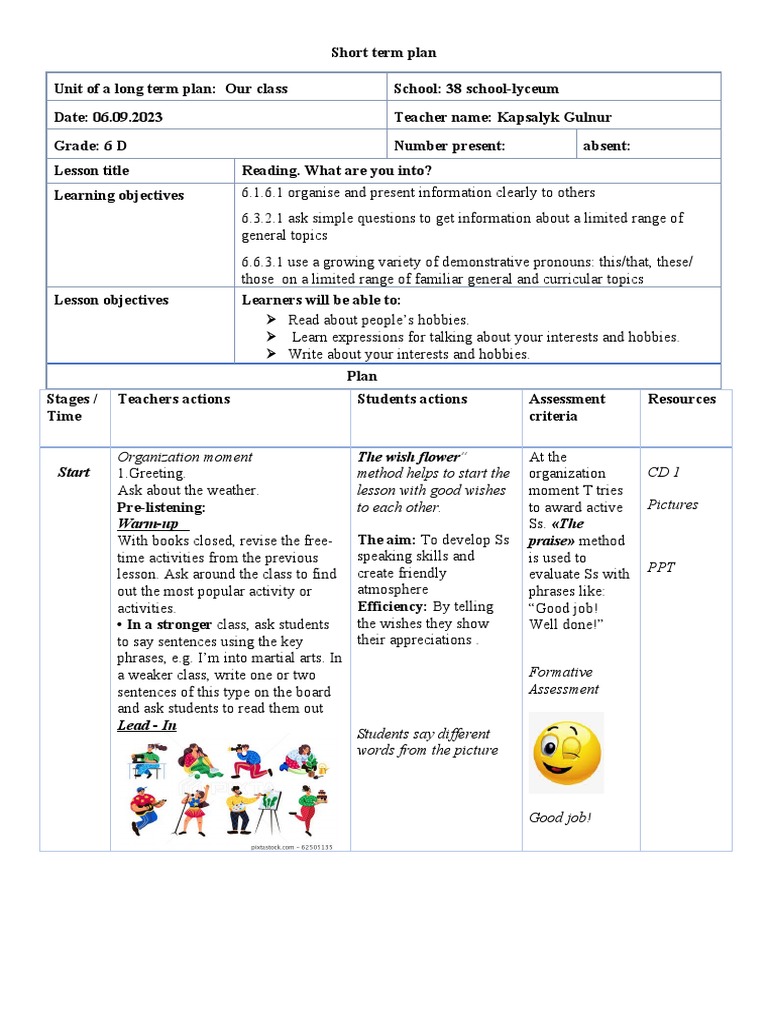 Short Term Plan 6D - 07.09 | PDF | Linguistics | Behavior Modification