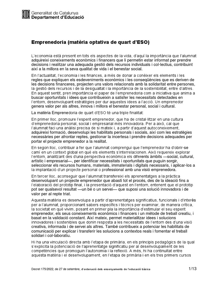 Emprenedoria-4t - Curriculum Gencat | PDF