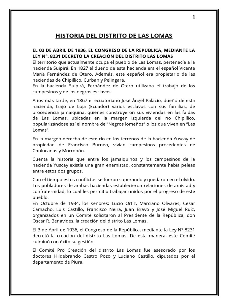 Historia Del Distrito de Las Lomas | PDF