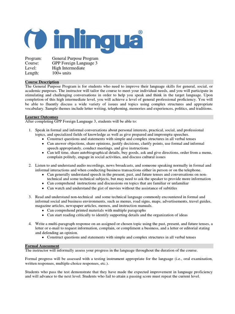 Inlingua Curriculum - GPP Foreign Languages - High Intermediate Program ...