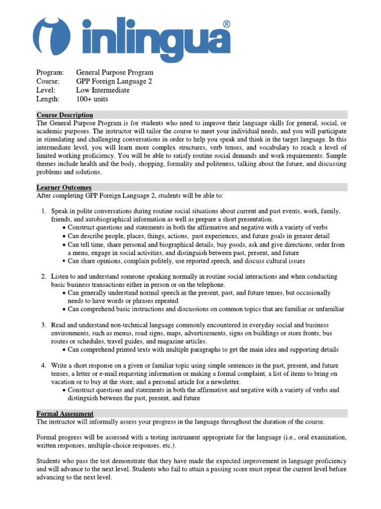 Inlingua Curriculum - GPP Foreign Languages - Low Intermediate | PDF