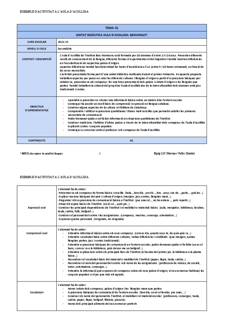Activitat Per Aula D'acollida. | PDF