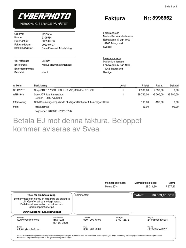 Betala EJ Mot Denna Faktura. Beloppet Kommer Aviseras Av Svea | PDF