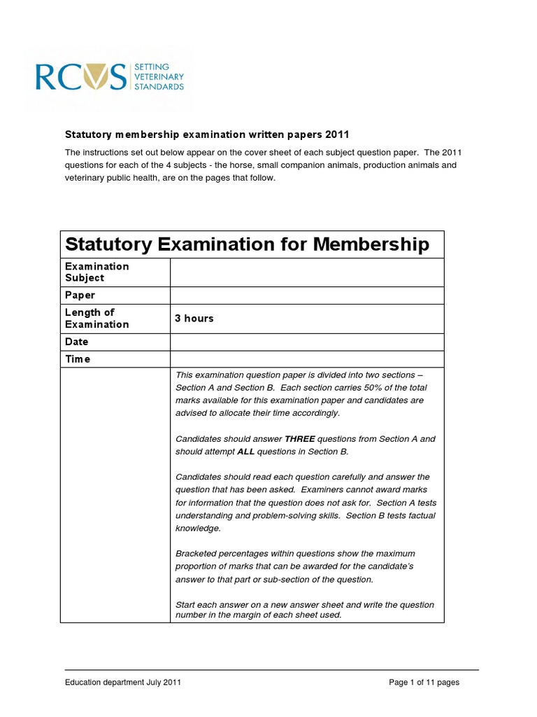 Royal College of Veterinary Surgeons - Statutory Membership Examination ...