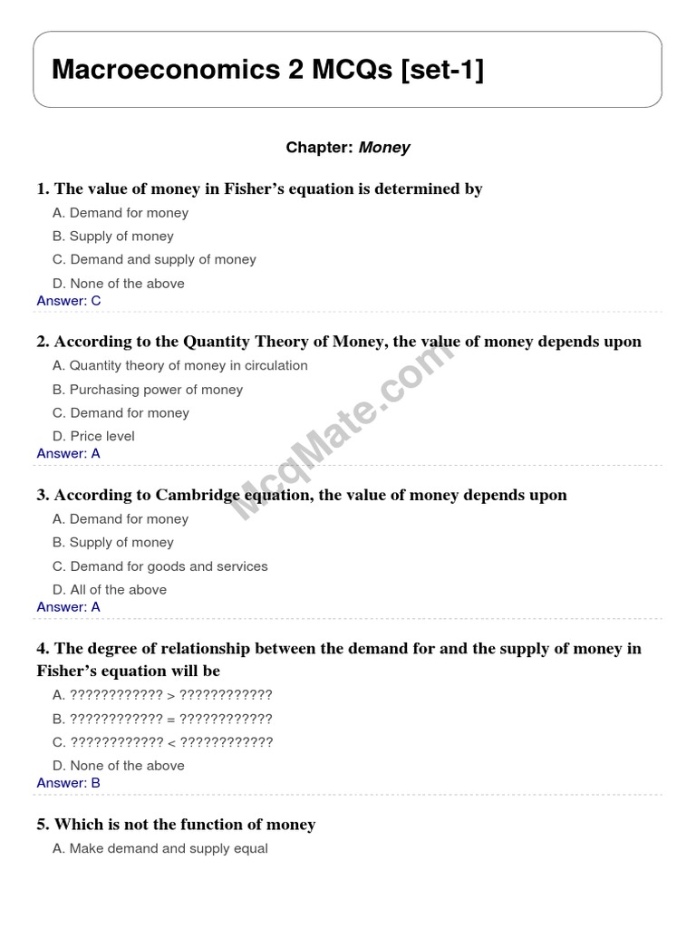 Value of Money in Macroeconomics MCQs | PDF | Demand | Quantity Theory ...