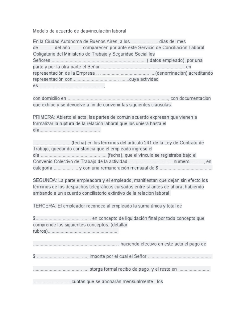 Modelo De Acuerdo De Desvinculación Laboral Pdf Derecho Laboral