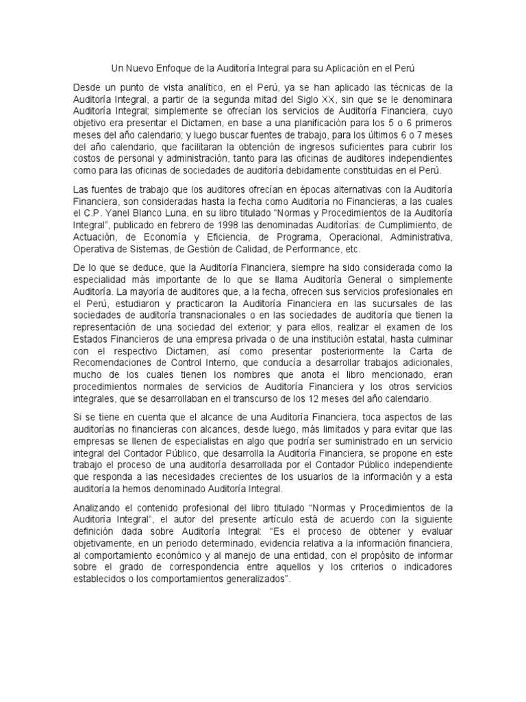 Un Nuevo Enfoque De La Auditoría Integral Para Su Aplicación En El Perú