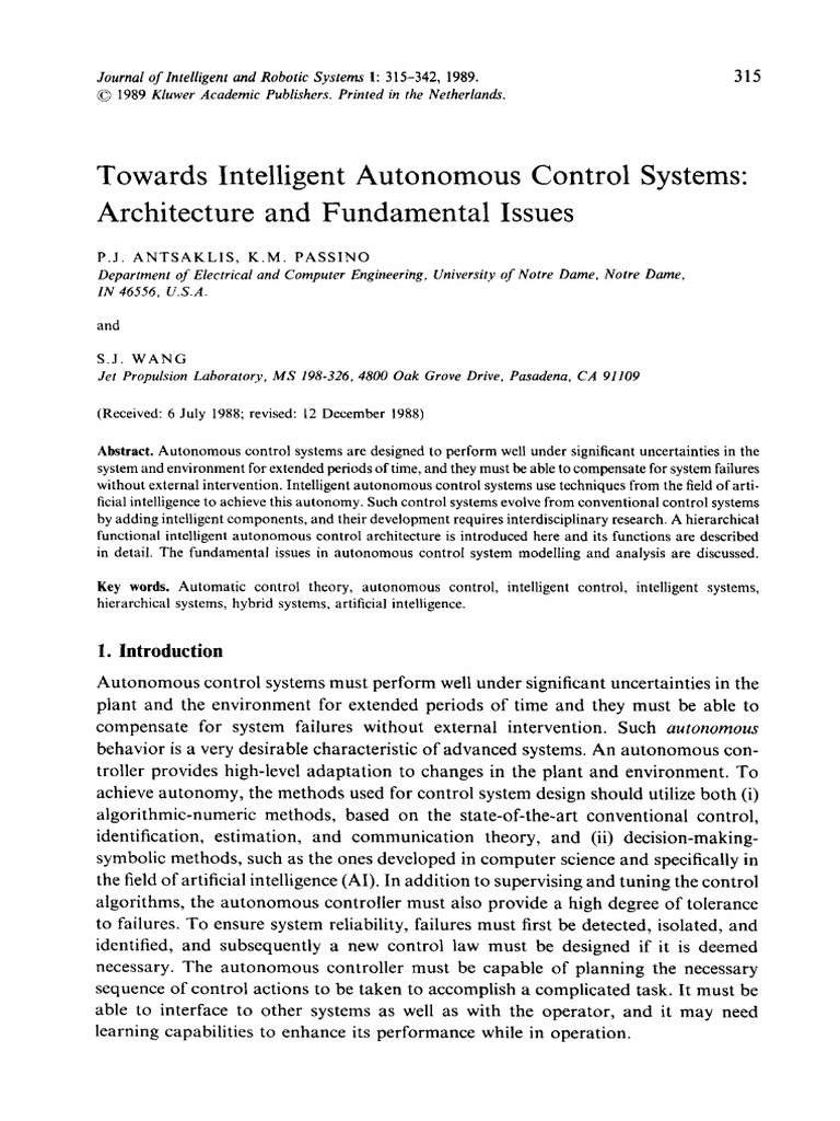 Towards Intelligent Autonomous Control Systems Architecture and Fundamental Issues Antsaklis, P ...