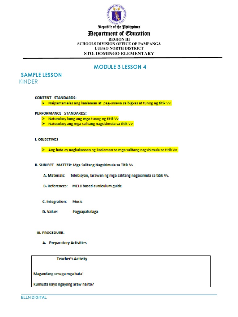 Assignment 10 - Module 3 Lesson 4 - Sto. Domingo Es | PDF | Lesson Plan | Teachers